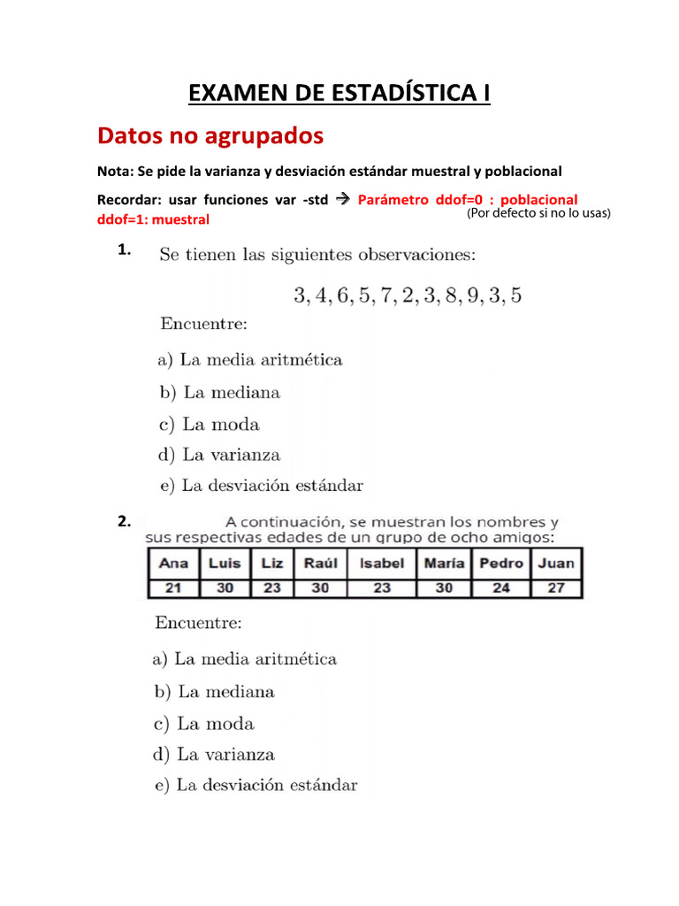 EXAMEN DE ESTADÍSTICA I | PDF
