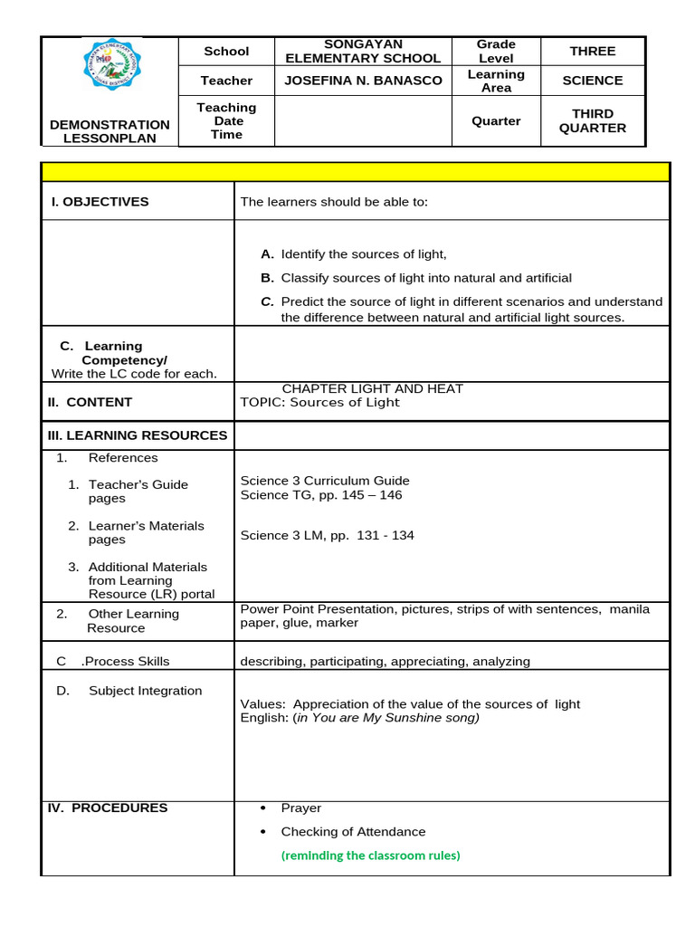 3rd Science COT-DLP Source of Light | PDF | Learning | Teachers