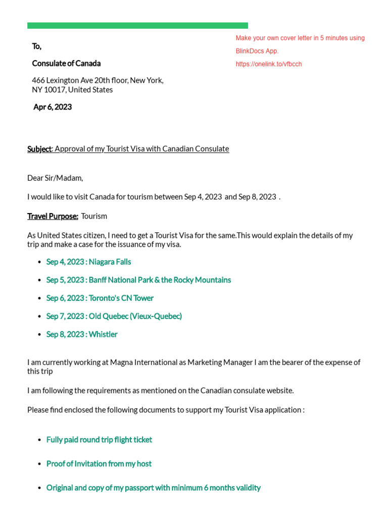 Cover Letter For Canada Tourist Visa | PDF
