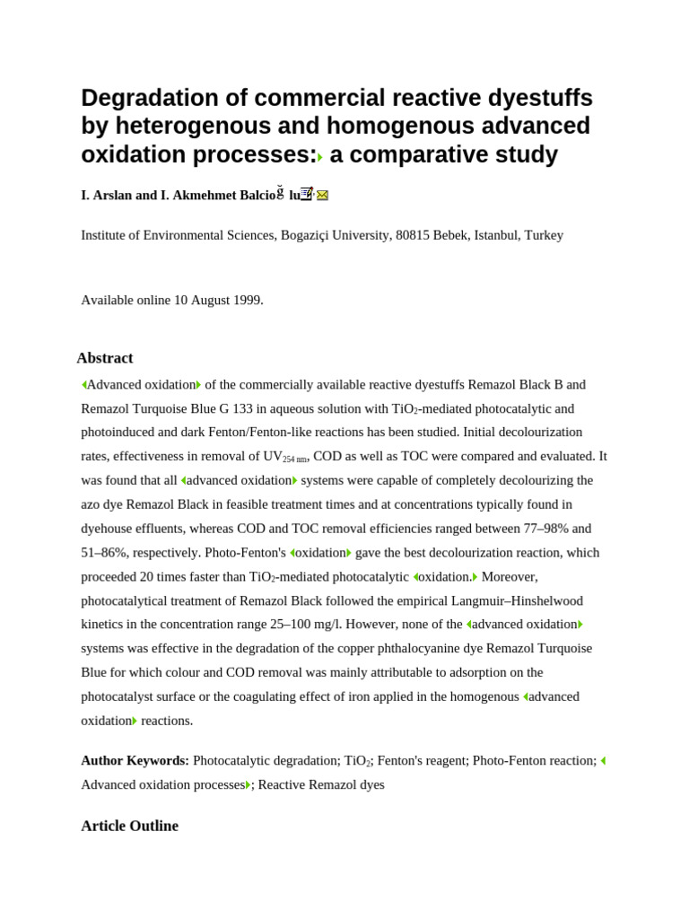 Degradation of Commercial Reactive Dyestuffs by Heterogenous and Homogenous Advanced Oxidation ...