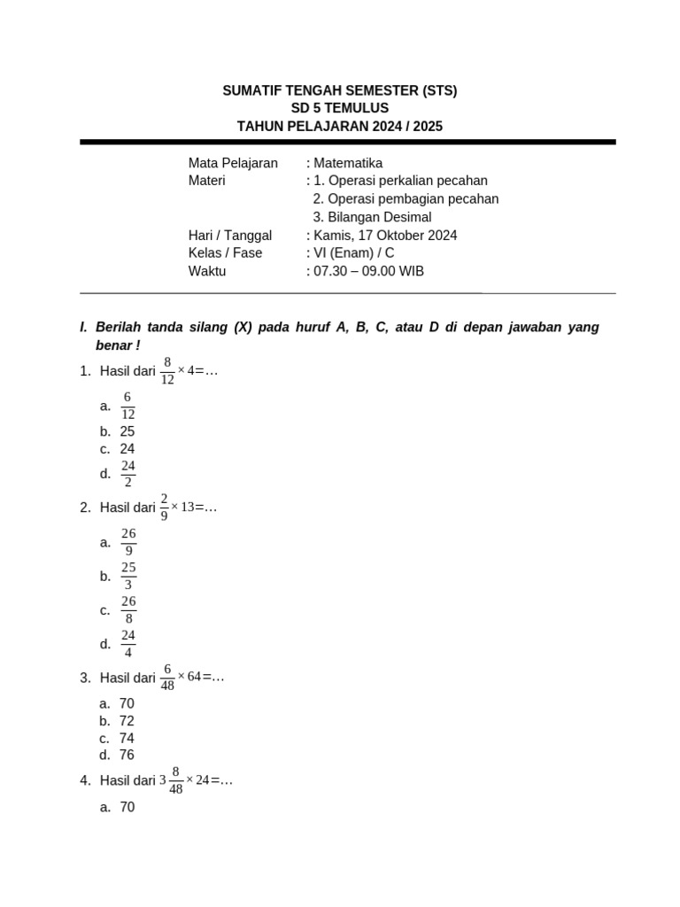 Naskah Soal MTK Kelas 6 | PDF