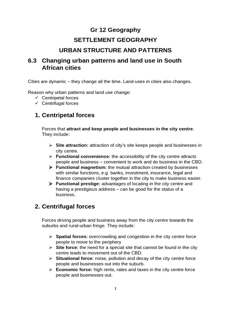 GR 12 Settlement Geography Part 8 Summaries Urban Settlements | PDF ...