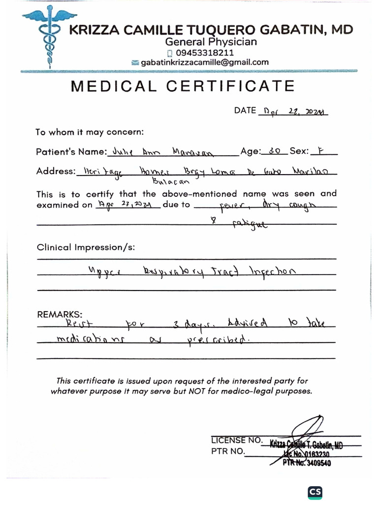 Medical Certificate | PDF