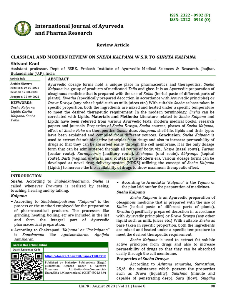 Classical and Modern Review On Sneha Kalpana WSR T | PDF | Fatty Acid | Fat
