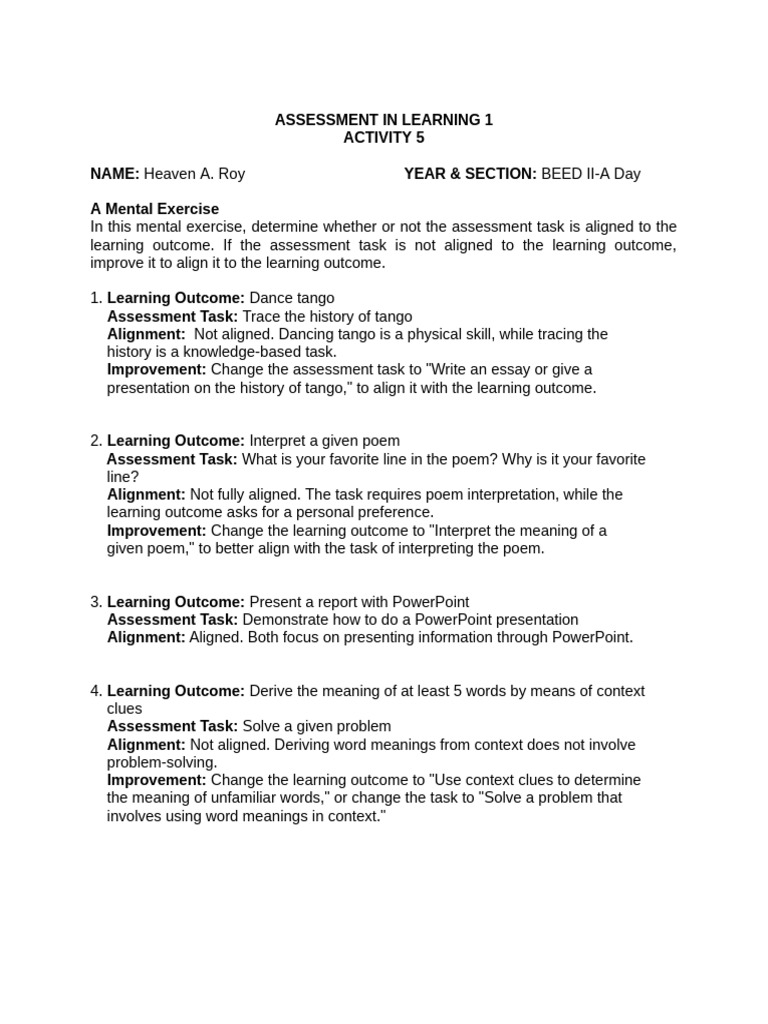 Assessment in Learning 1 - Activity 5 - Roy, Heaven A. Beed 2-A Day ...