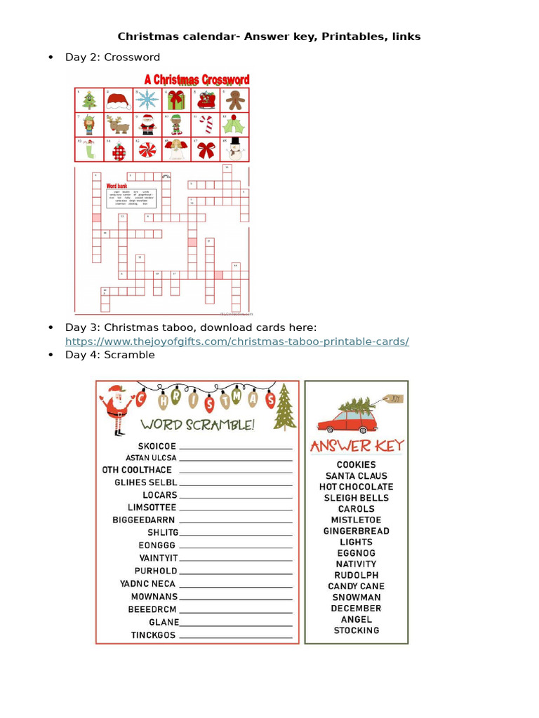 Christmas Calendar Answer Key | PDF