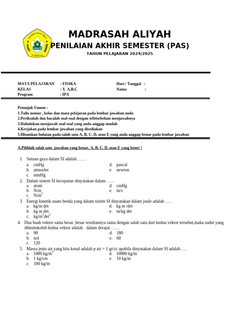 Soal Pas Fisika Kelas X Semester 1 THN 2023 | PDF