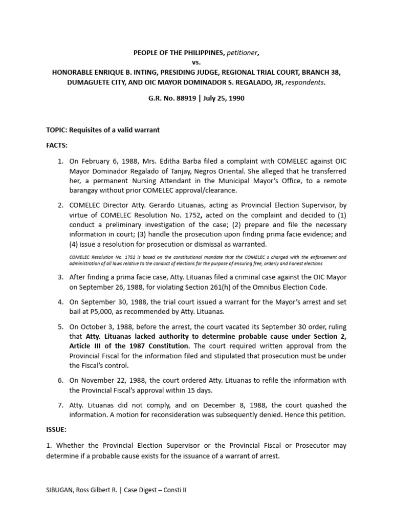 People v. Inting - G.R. No. 88919 Requisites of A Valid Warrant | PDF ...