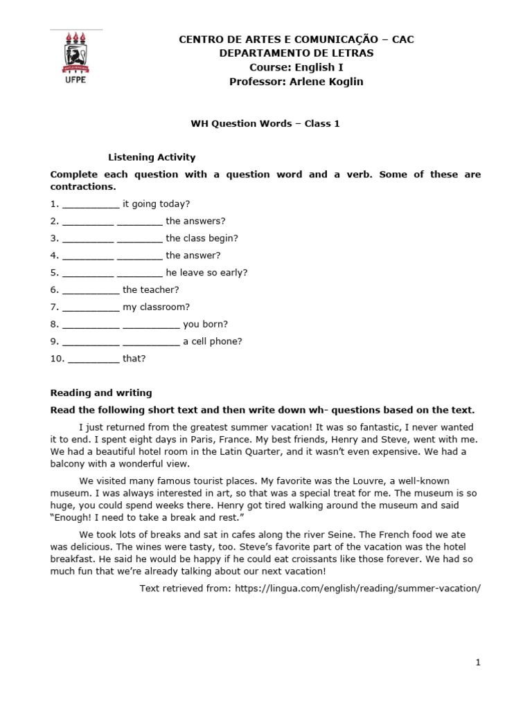 WH Question Words Activities | PDF