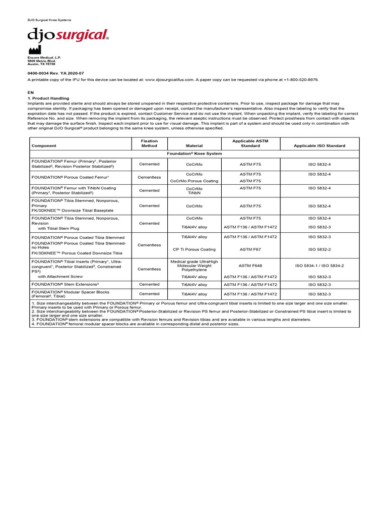 DJO Knee Systems IFU ROW | PDF | Knee | Sterilization (Microbiology)