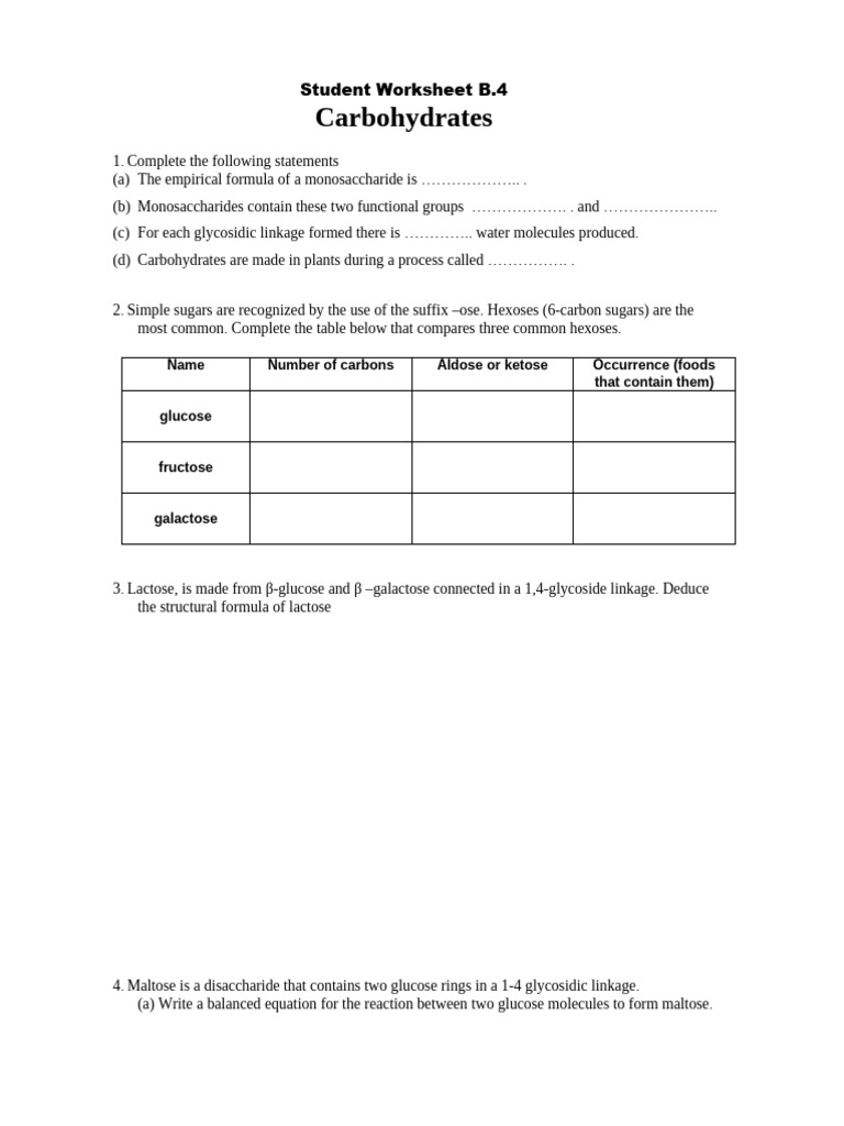 B.4 - Carbohydrate Worksheet | PDF
