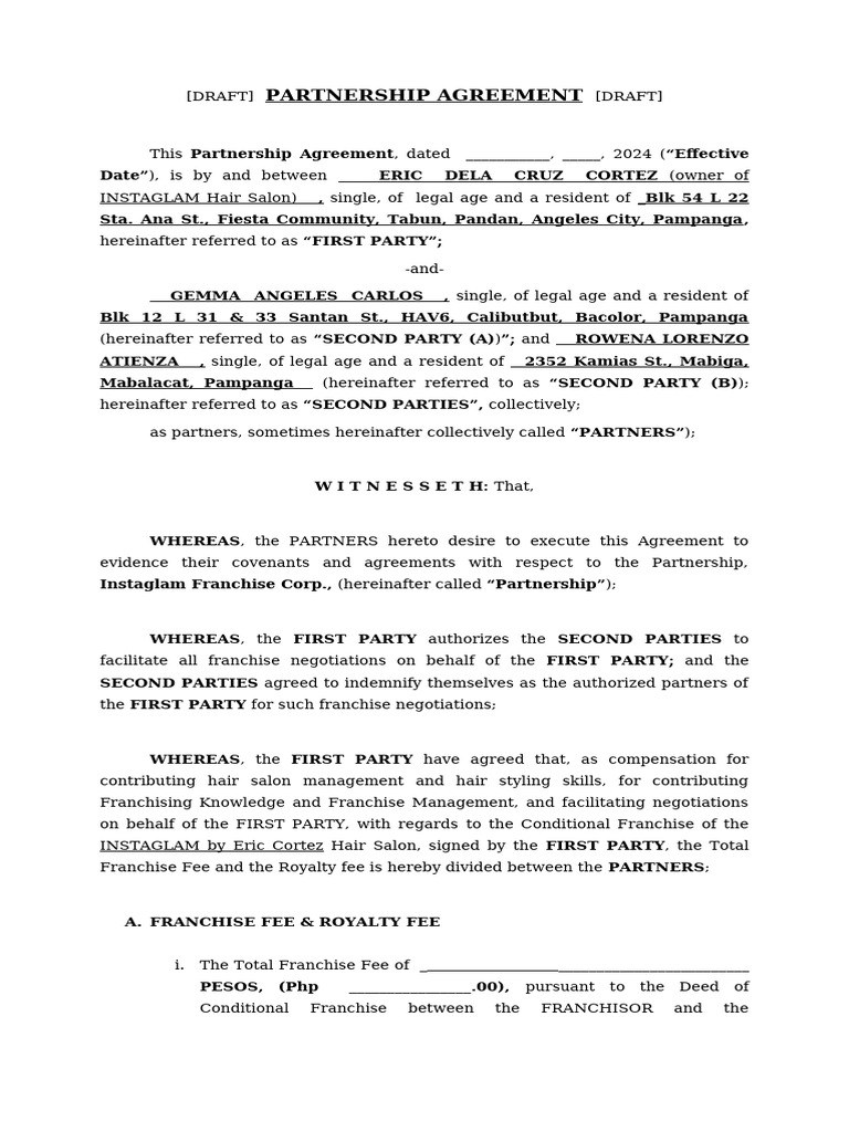 DRAFT - Partnership Agreement | PDF | Franchising | Justice