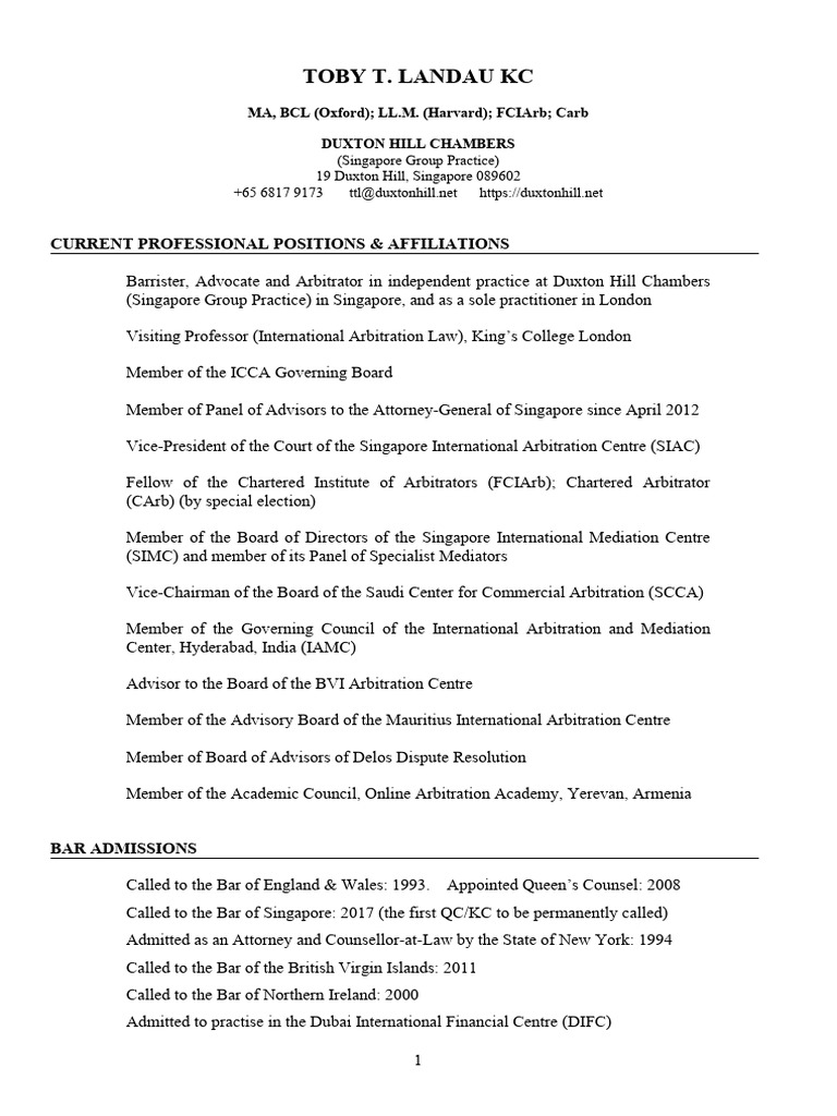 Toby Landau CV - Dec 23 | PDF | Arbitration | Dispute Resolution