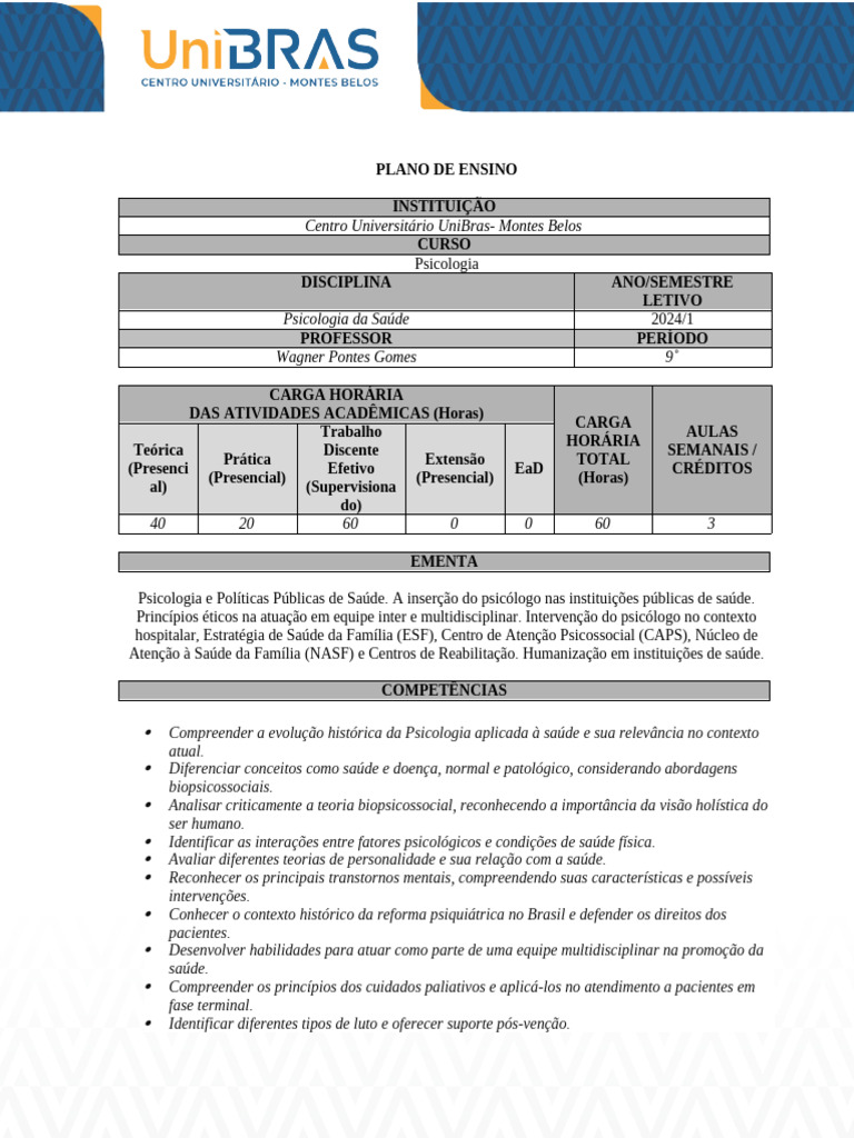 Planode Aula Psida Saúde | PDF | Psicologia | Saúde mental