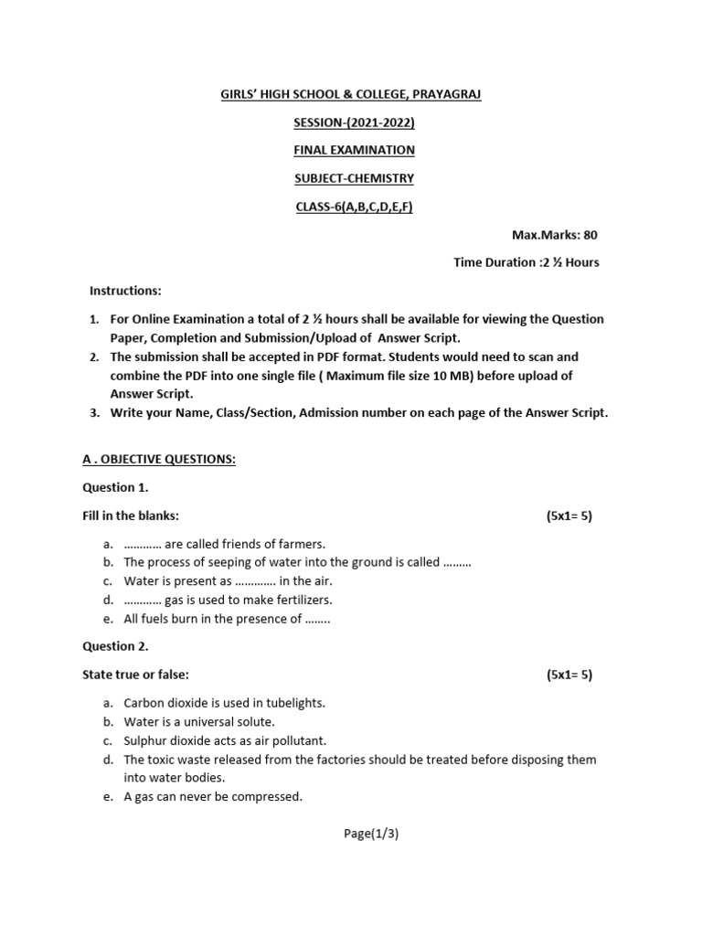 Cl6 Chemistry Finals 2021-2022-Qap3nf | PDF | Water | Atmosphere Of Earth