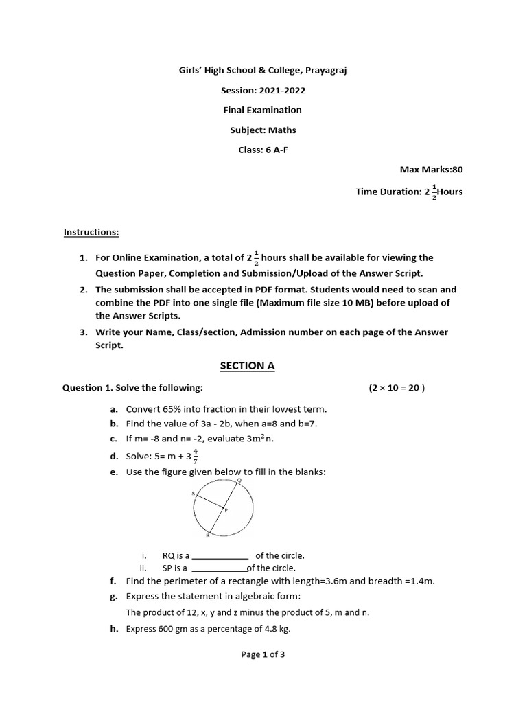 CL 6 Maths Finals 2021-22-5TRuKn | PDF | Circle | Triangle