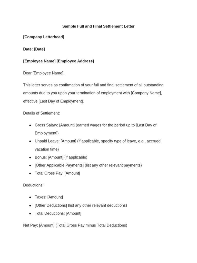 Sample Full and Final Settlement Letter | PDF