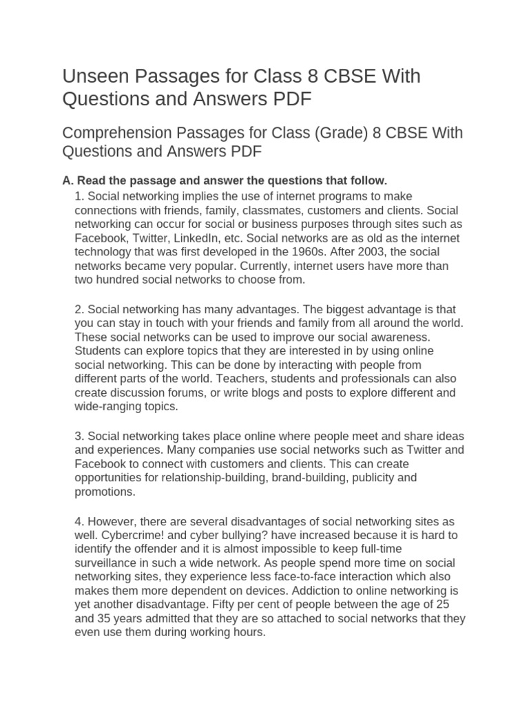 Unseen Passages For Class 8 CBSE With Questions and Answers PDF | PDF ...
