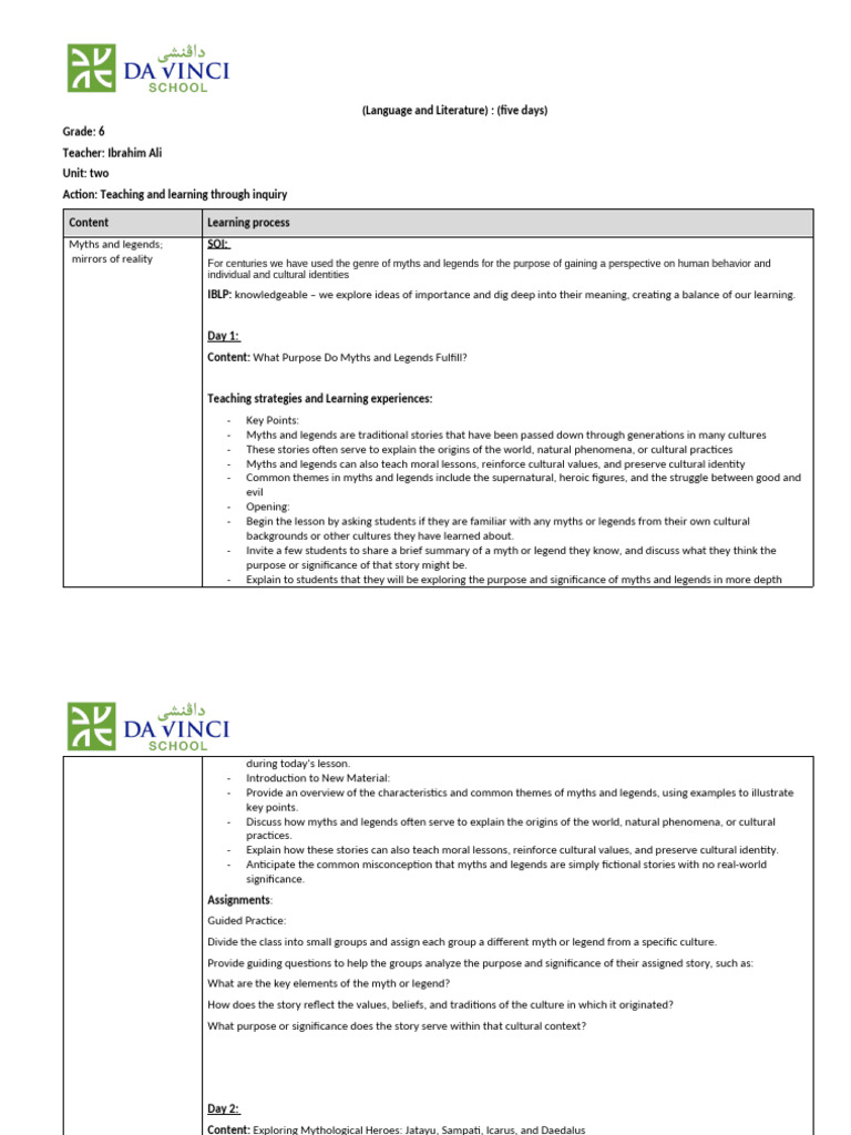 MYP1 Unit 2 (Week 3) | PDF | Legends | Learning
