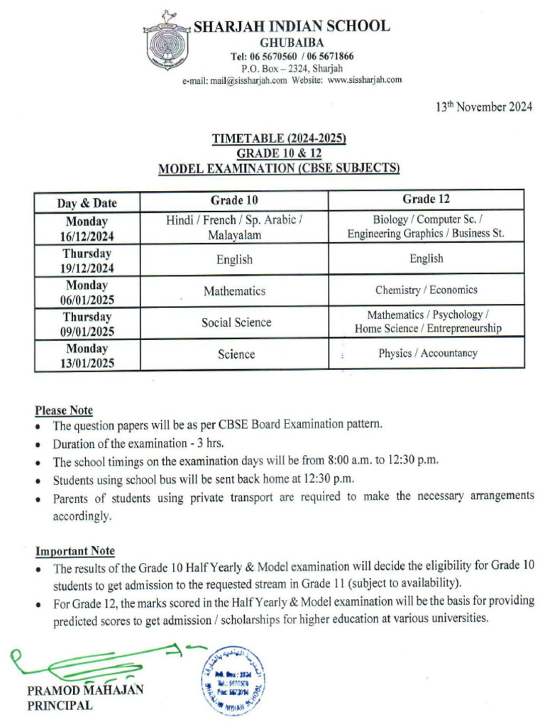 Model Examination Timetable Grade 10 & 12 | PDF