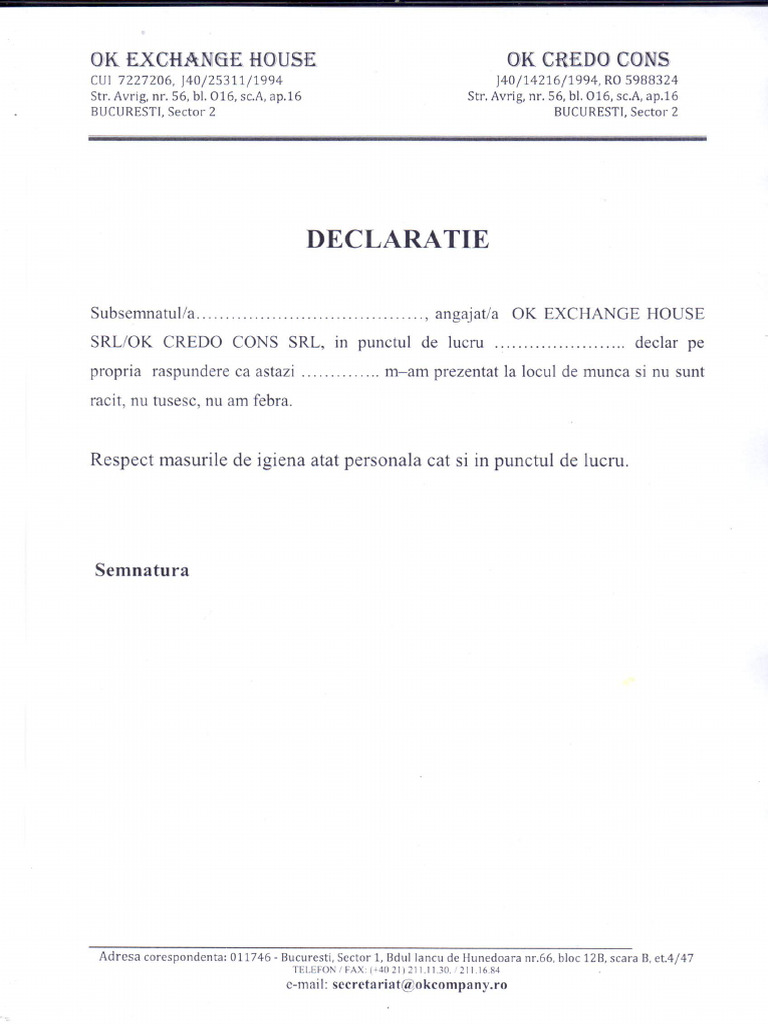 DECLARATIE (PT - Completat Dimineata) | PDF