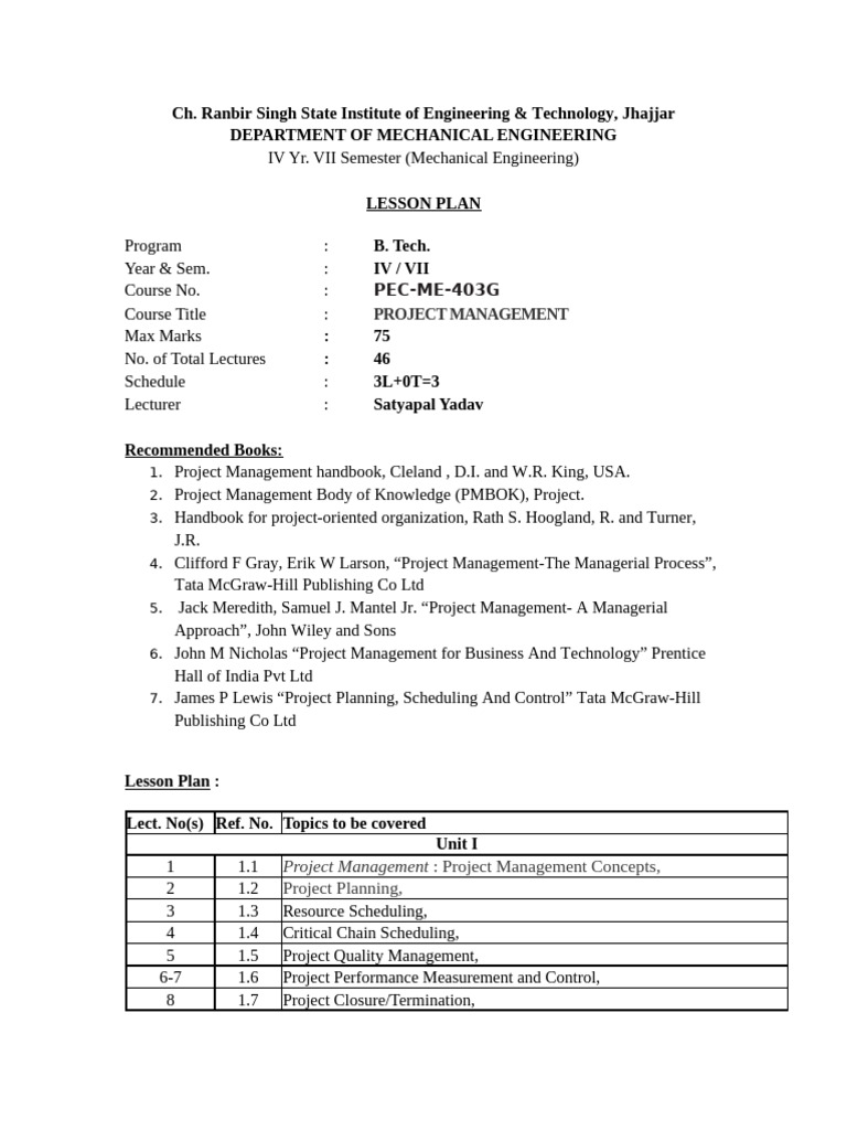 Project Managemnent Lesson Plan PCC ME 403G | PDF | Business