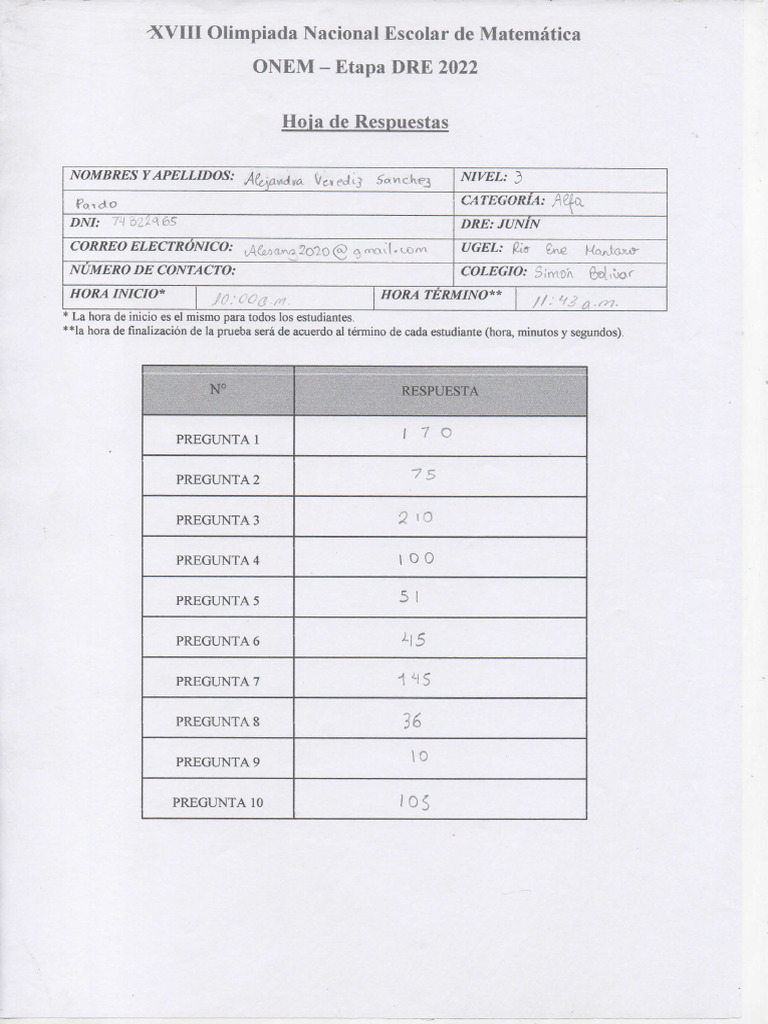 Hoja de Respuestas Nivel 3 Onem | PDF