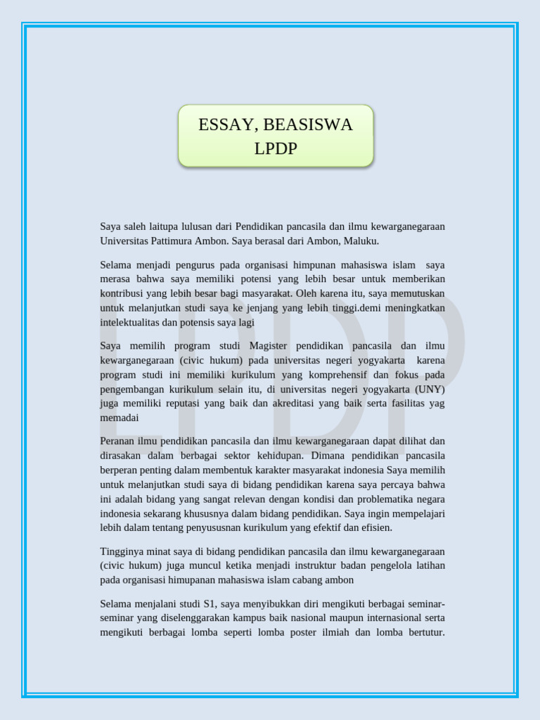 Essay LPDP Elas Laitupa 2025 Tahap 1 | PDF
