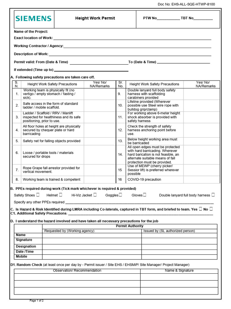 Height Work Permit - For Print From No. 1000 | PDF | Scaffolding | Safety