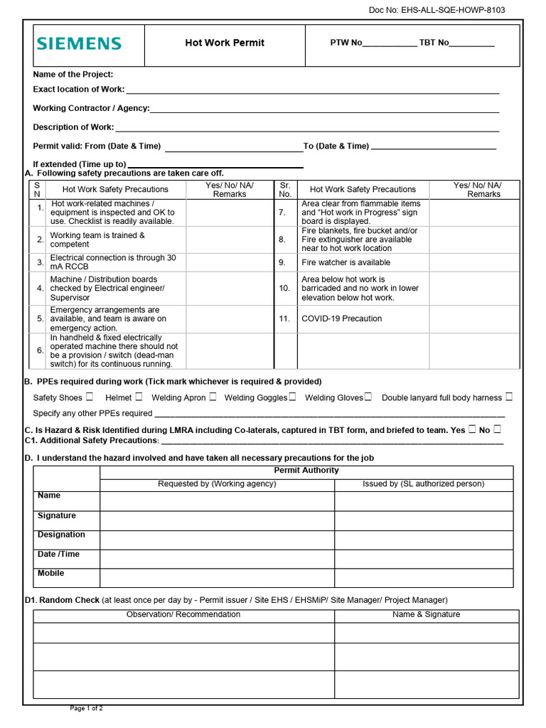 Hot Permit - For Print From No. 4000 | PDF | Safety | Occupational ...