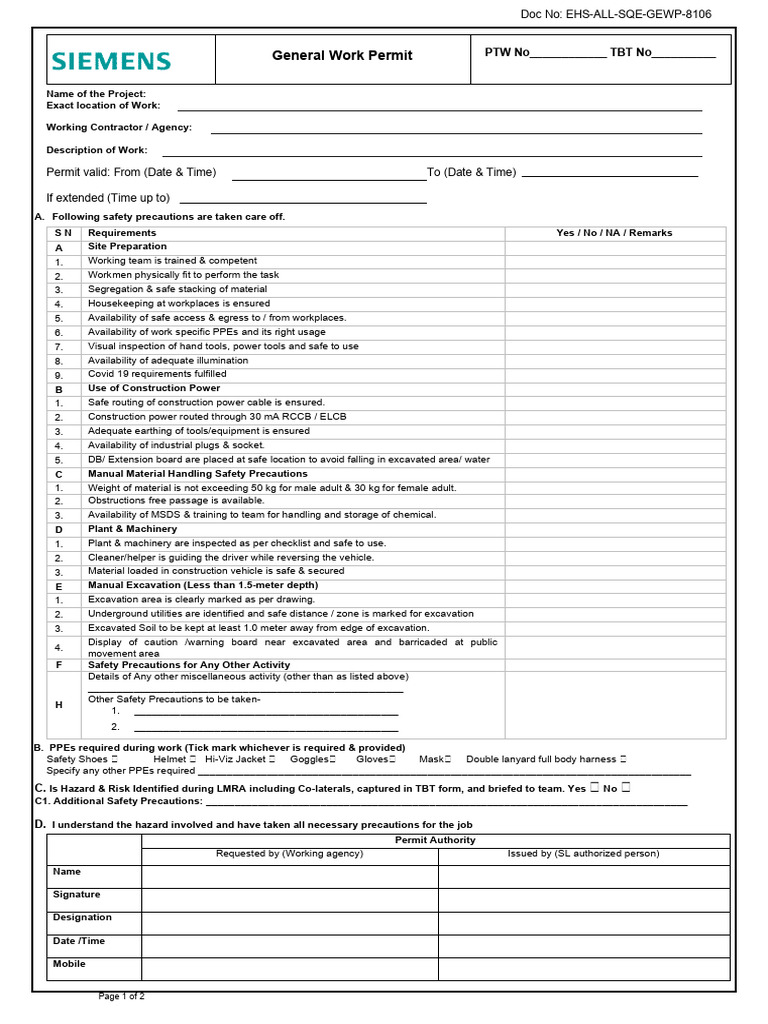 General Work Permit Safety Checklist | PDF | Safety | Occupational ...