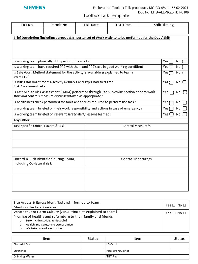 Toolbox Talk Form - For Print From No. 01 | PDF | Occupational Safety ...