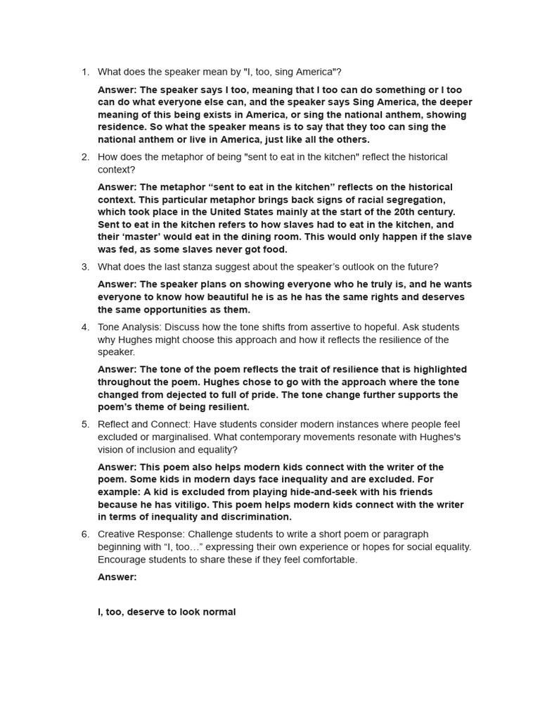 I Too, by Langston Hughes | PDF