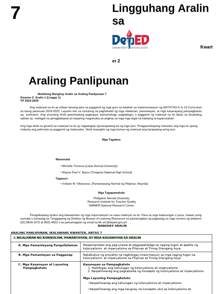 LE Q2 AP7 Lesson 1 Week 1 | PDF
