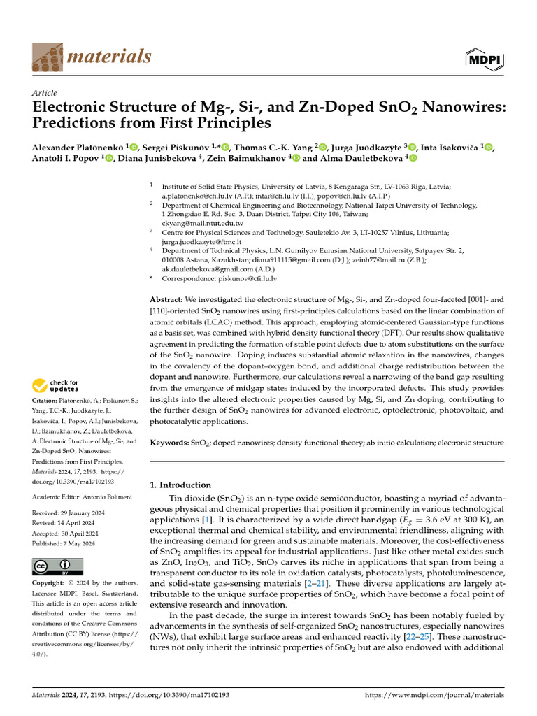 Electronic Structure of MG Si and ZnDoped SnOsub2sub Nanowires ...