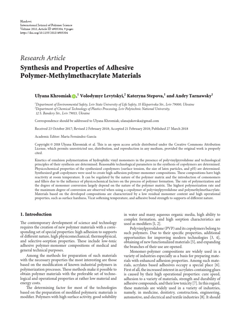 Synthesis and Properties of Adhesive Polymer-Methy | PDF | Copolymer ...