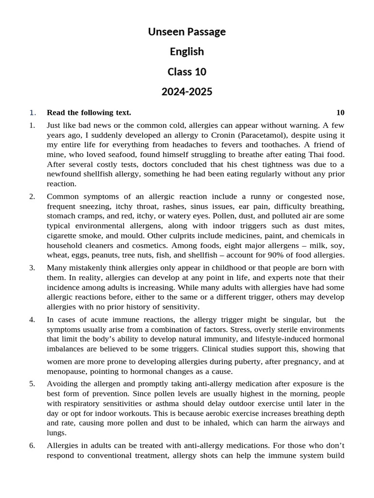 Class 10 Unseen Passage Practice 2024-25 | PDF | Allergy | Allergen