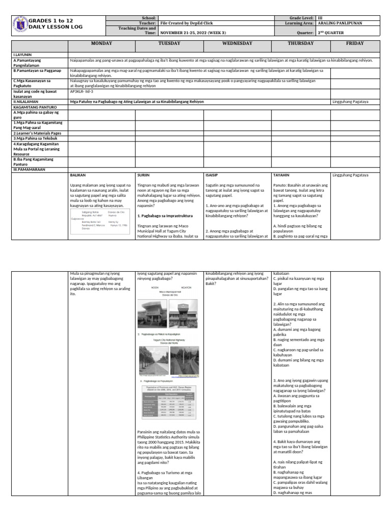 DLL Araling Panlipunan 3 q2 w3 | PDF