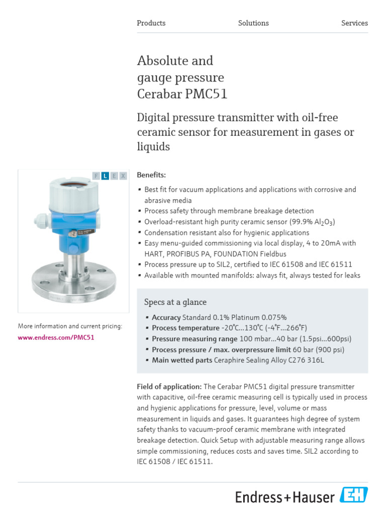 Cerabar PMC51 Digital Pressure Transmitter | PDF | Pressure Measurement ...