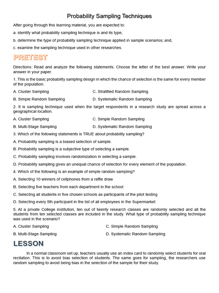 Quarter 2 - Probability Sampling Techniques | PDF | Sampling (Statistics) | Quantitative Research