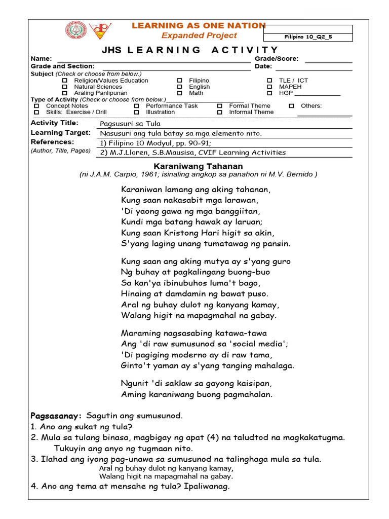 FIlipino 10 Q2 LAS 5 Pagsusuri Sa Tula | PDF