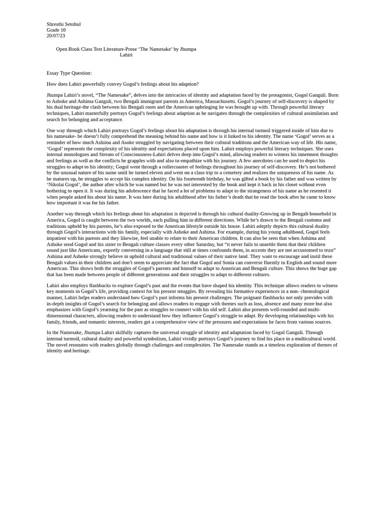 Essay Type Question-Namesake | PDF