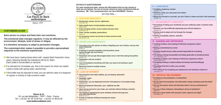 Elixirs Co Questionnaire Fleurs de Bach EN | PDF | Fear | Feeling