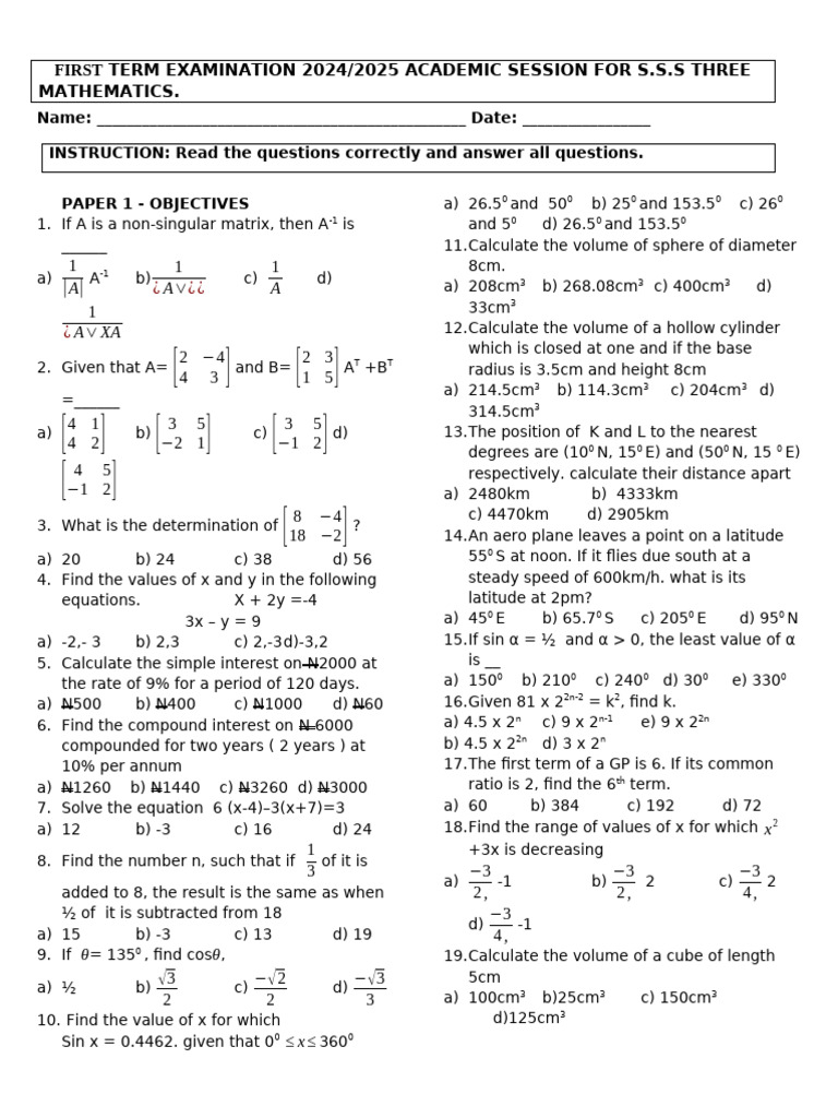 SSS 3 Mathematics Questions | PDF | Latitude