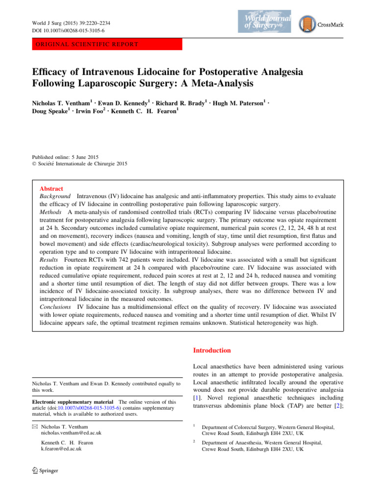 Intravenous Lidocaine MA Ventham Et Al | PDF | Analgesic | Fentanyl