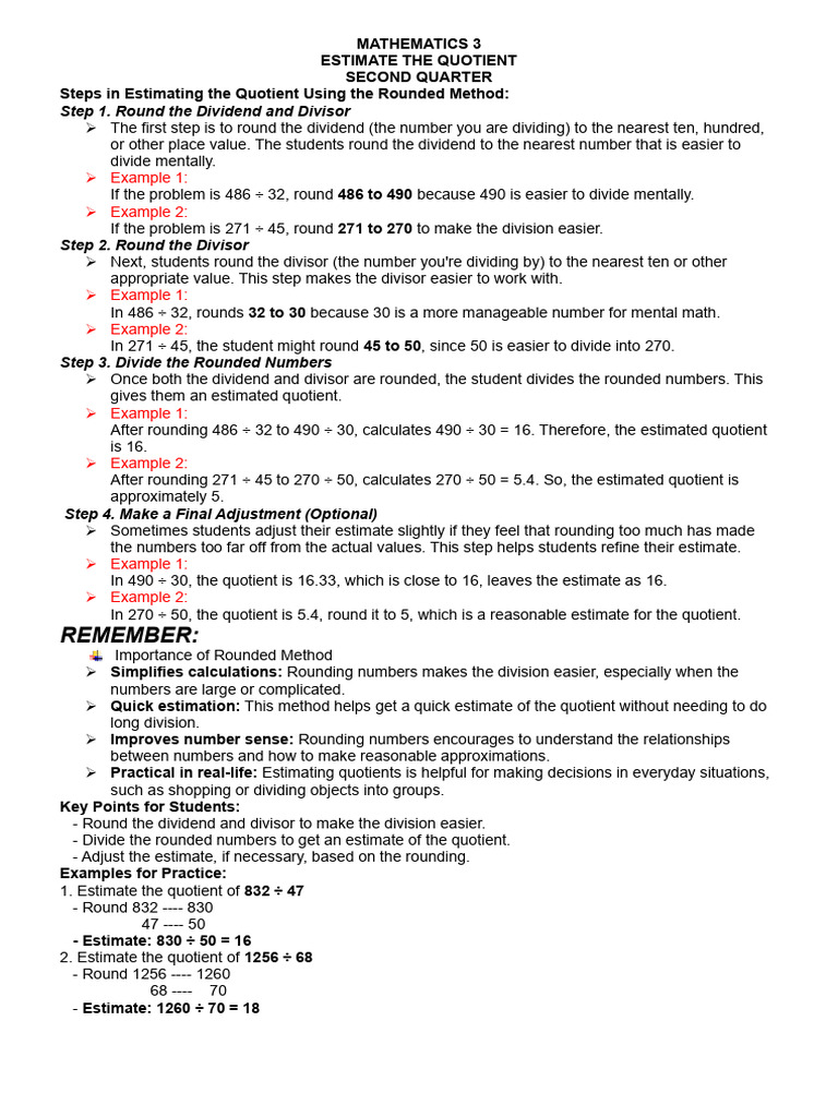 Notes Estimate The Quotient by Rounding Method Mathematics 3 November ...