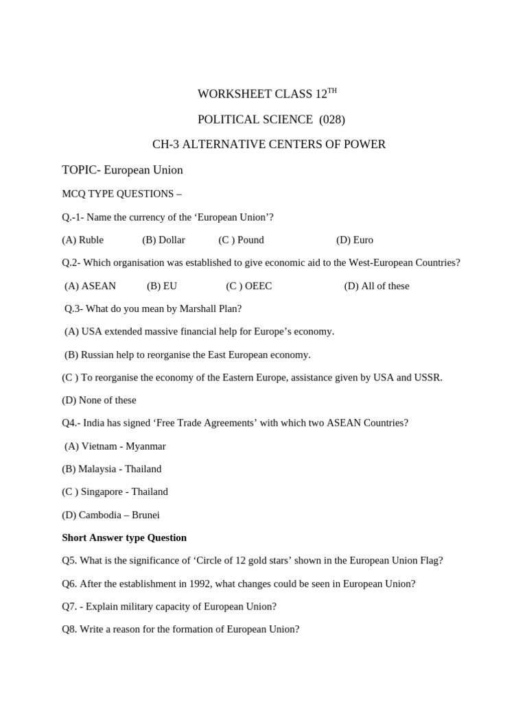 WORKSHEET 1 - CLASS 12TH ch-3 Part A | PDF