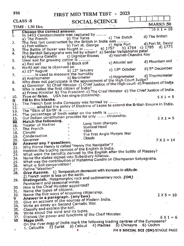 8th Social EM 1st Mid Term Exam 2023 Original Question Paper Madurai ...