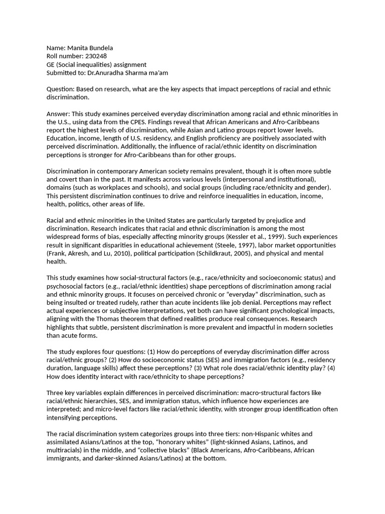 Manita's Assignment | PDF | Discrimination | Socioeconomic Status