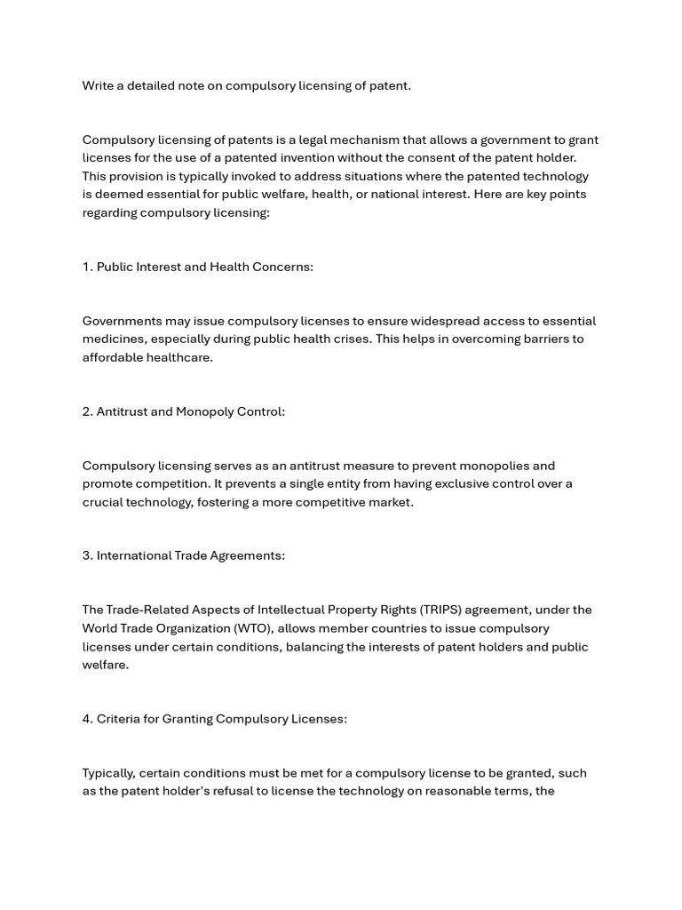 Compulsory Licensing of Patents Explained | PDF | License | Patent